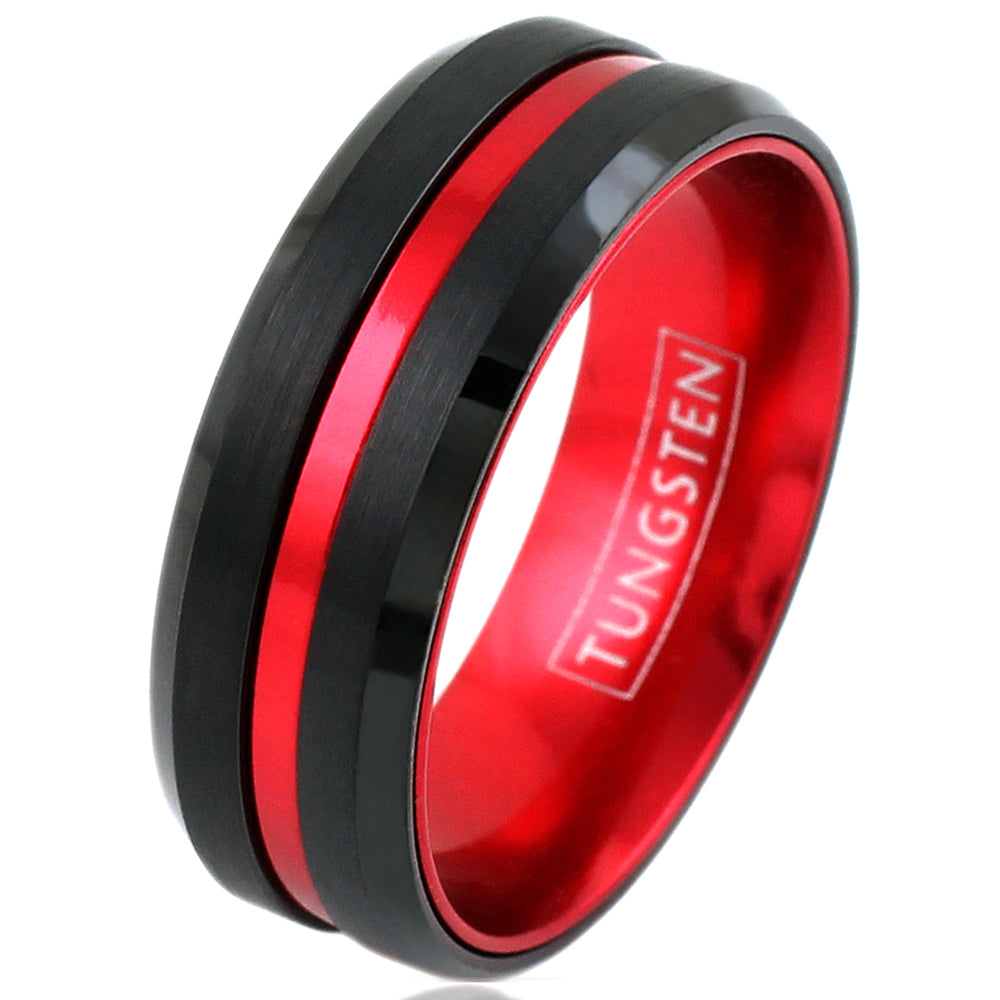 Black Tungsten Ring w/ Anodized Aluminum Red Inner Band and Stripe ...