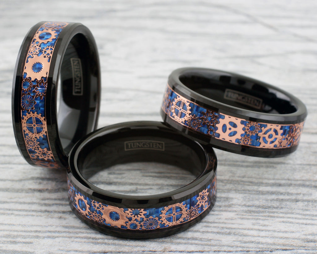 Black Tungsten Ring w/ Rose Gold Gears on Royal Blue Carbon Fiber ...