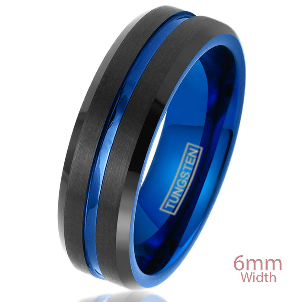 Black Tungsten Ring w/ Blue Stripe & Inner Band, Beveled Edges ...
